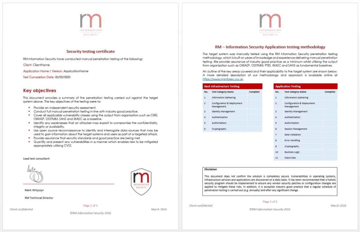 Pen Test Certificate - RM Information Security